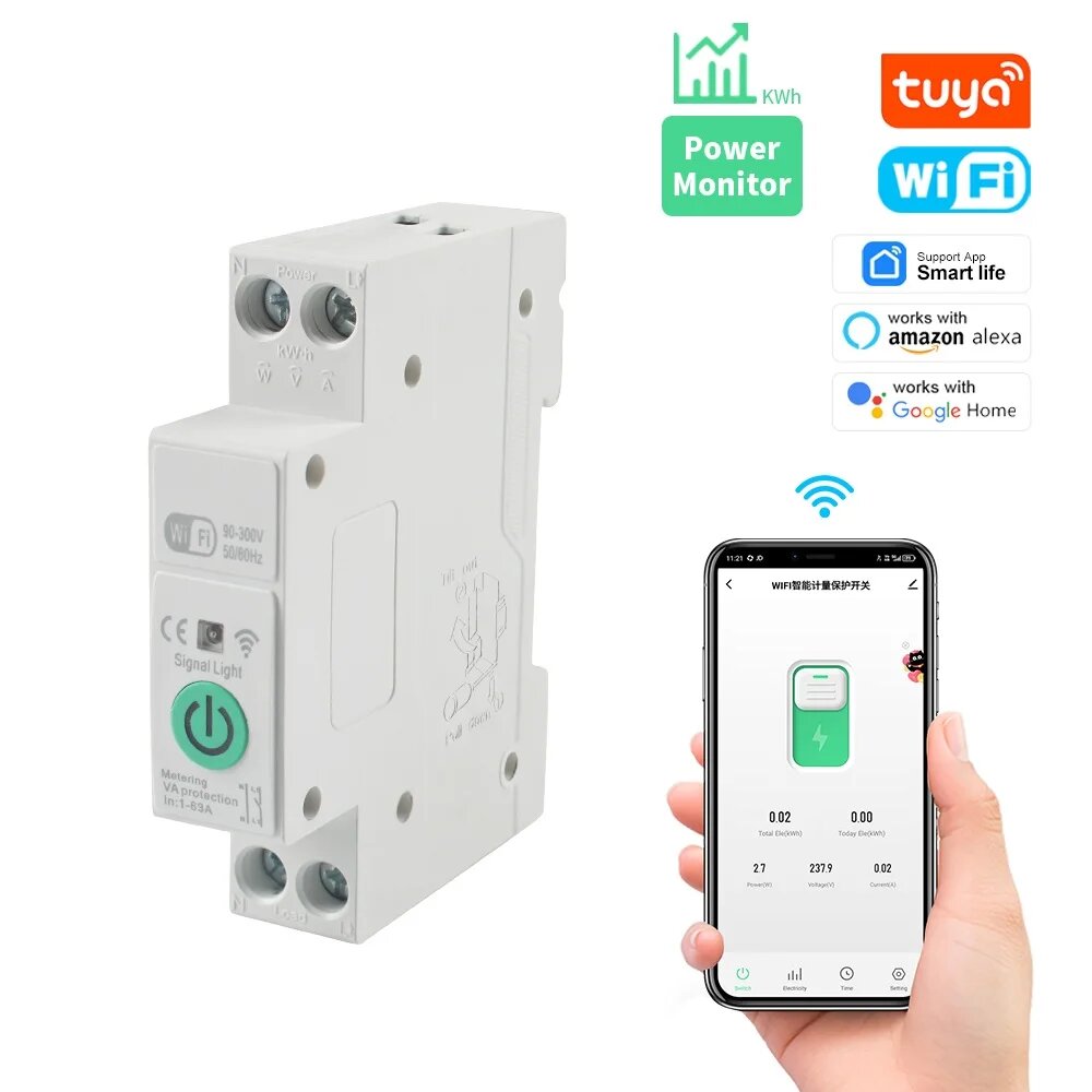 Умный автоматический выключатель Tuya Wi-Fi 1-63А