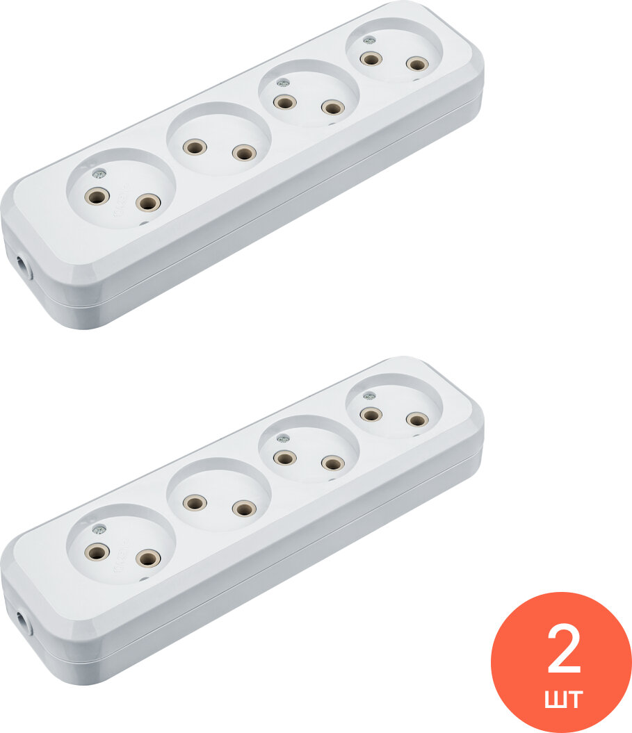 Блок розеток Navigator / Навигатор NCA-BL01-04-X-WH, 4 гнезда без заземления, 16А 3500Вт IP20, белый 61587 / колодка электрическая для удлинителя (комплект из 2 шт)