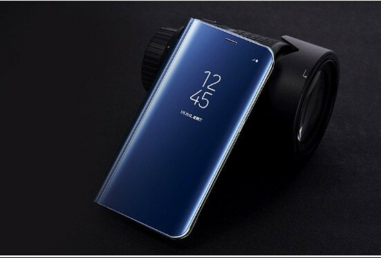 Чехол-книжка MyPads Clear View Cover для Samsung Galaxy S23 FE с полупрозрачной пластиковой крышкой с зеркальной поверхностью, синий