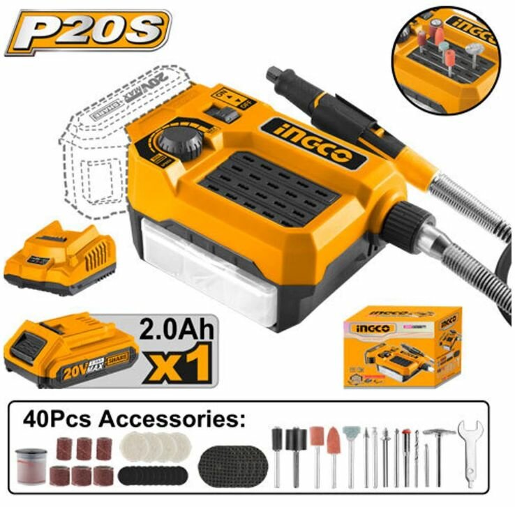 Гравер электрический аккумуляторный INGCO CMGLI20011, 20 В 1х2,0 Ач с гибким валом + набор оснастки 40 предметов