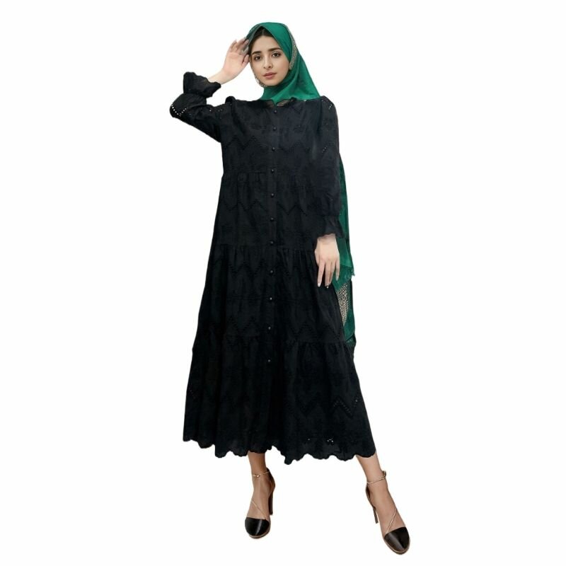Мусульманское кружевное платье с вышивкой-черный-S