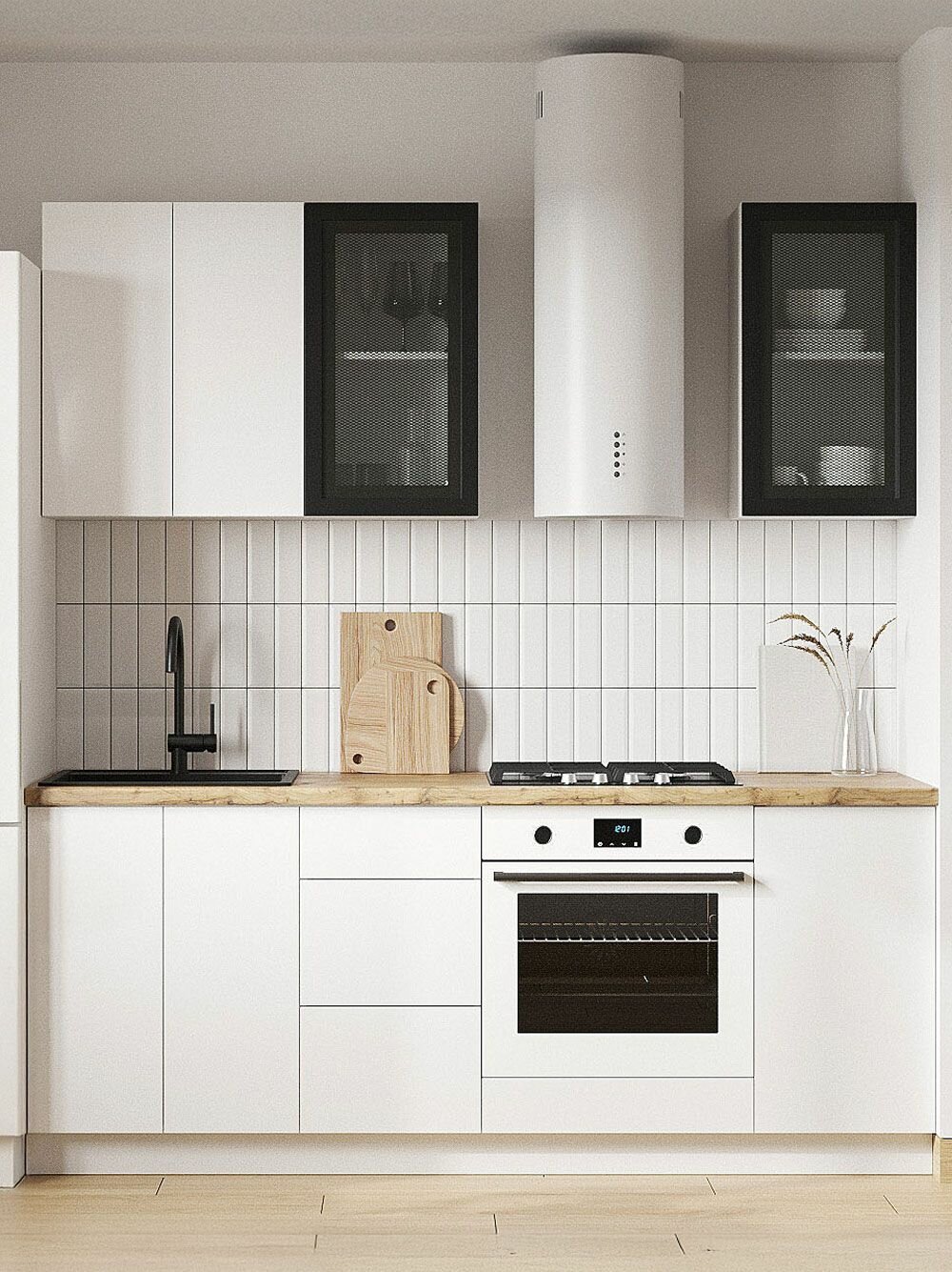 Кухонный гарнитур Тандем 2 м, мебель для дома и кухни, Белый / Черный матовый / Белый глянец