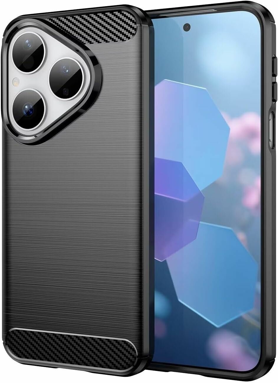 Чехол на HUAWEI Pura 80 силиконовый карбон сталь чёрный противоударный