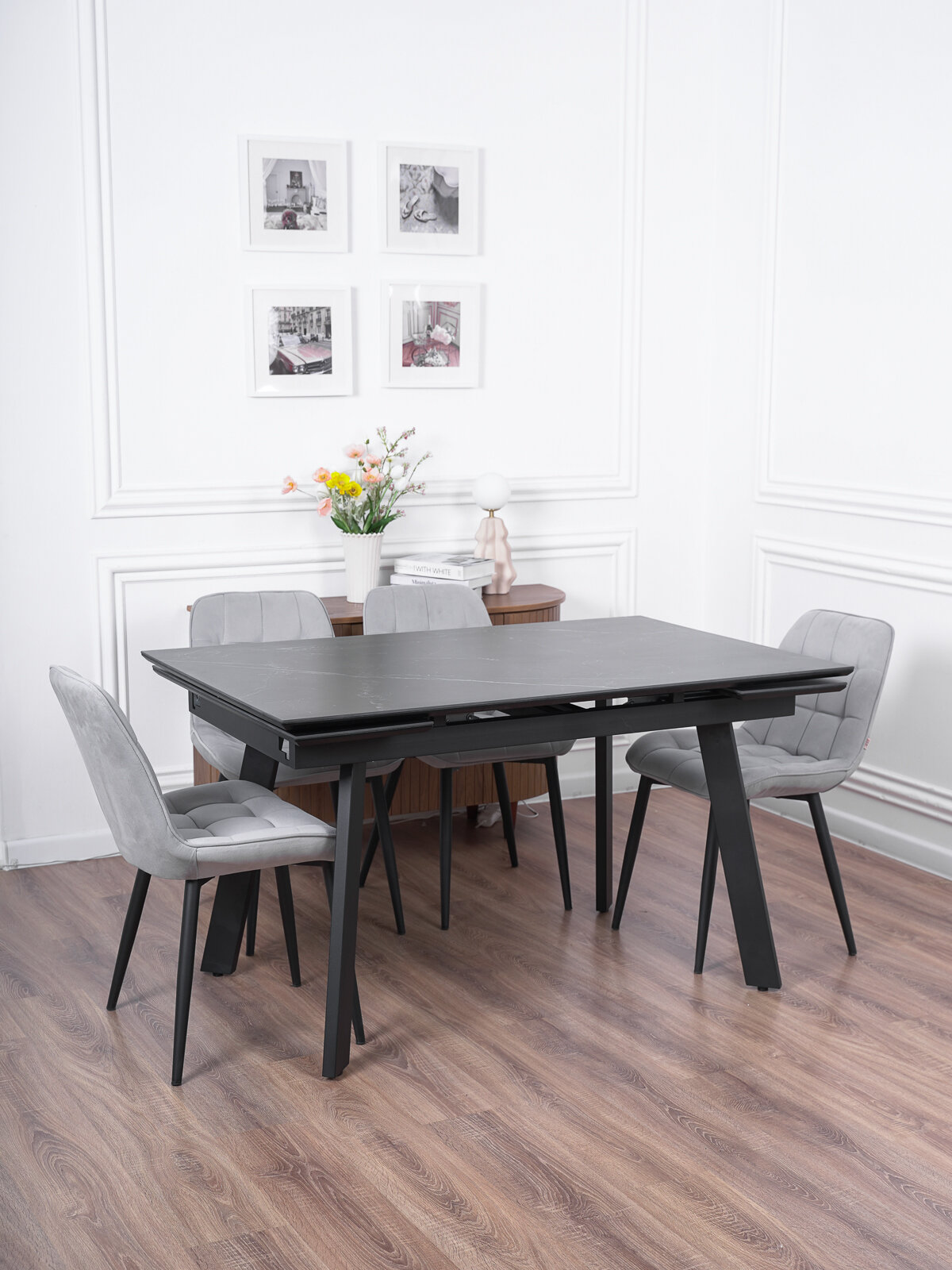 Стол кухонный обеденный керамогранит Рокс 140(200)х90смЧерныйМраморОпорыЧерные