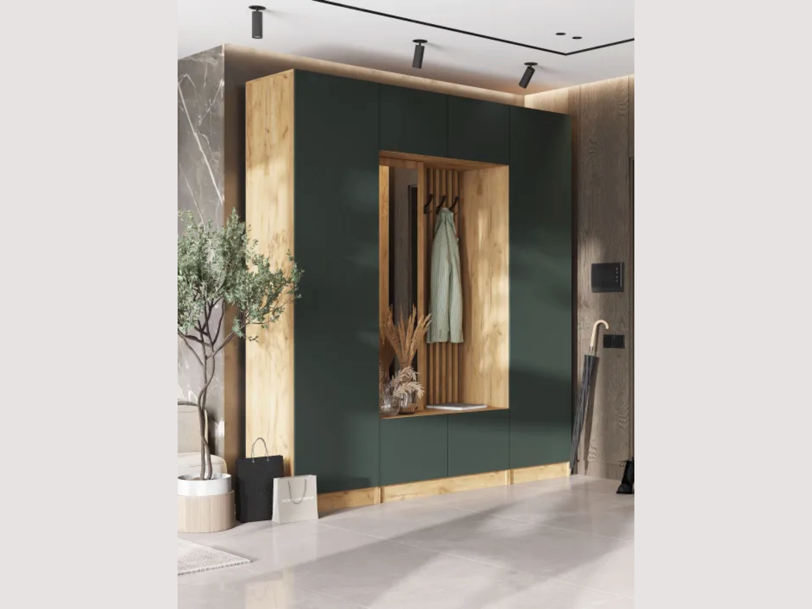 Модульная прихожая, в современном стиле, Дуб крафт/Изумрудный