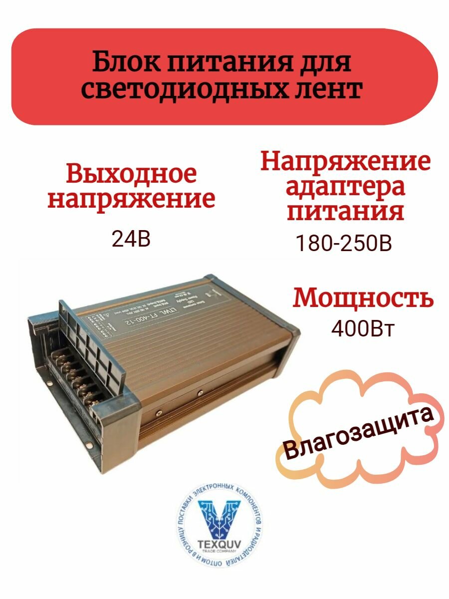 Блок питания 24V для светодиодных лент, магнитолы D-400-24, 400Вт-24В-16.7А-IP65, 1шт