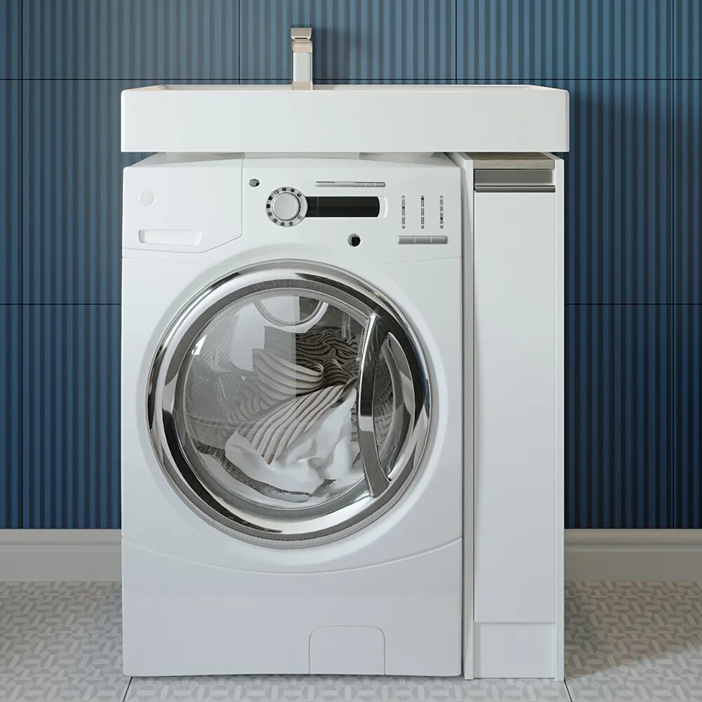 Тумба с раковиной AQUATON Лондри 20 под стиральную машину, напольная, 80 см, белая, глянцевая, из ЛДСП, с ящиками, раковина для ванной из искусственного мрамора, прямоугольная