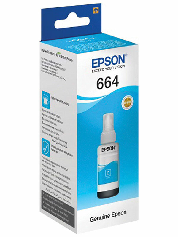 Чернила Epson 664, T6642 для СНПЧ Epson L100/L110/L200/L210/L300/L456/L550, голубые, оригинальные (C13T66424A)