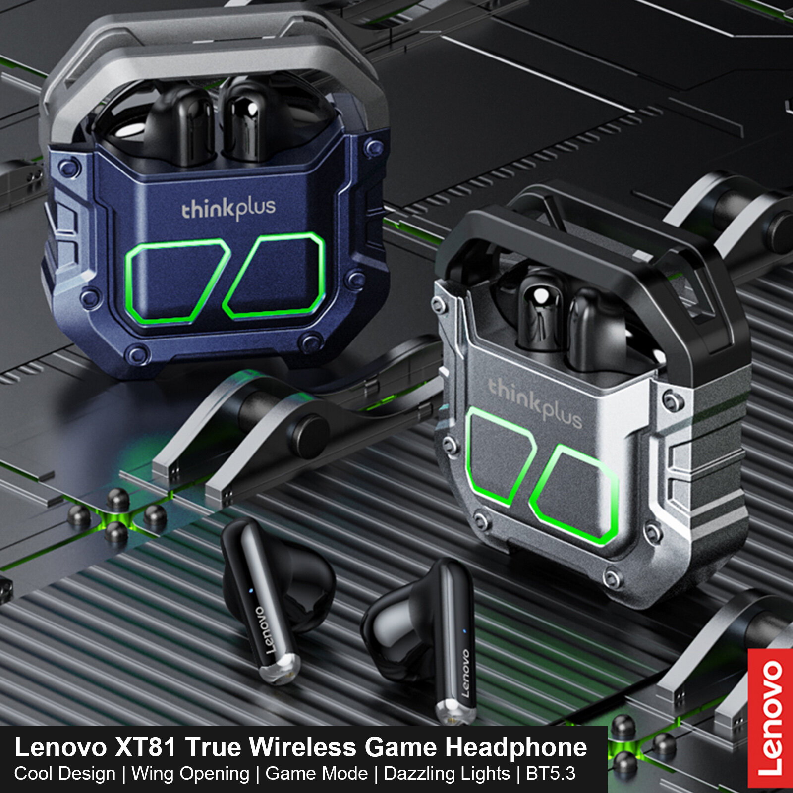 Наушники Lenovo XT81 True Wireless с микрофоном, версия Bluetooth 5.3, полус внутрикожные, сенсорное управление, для игр с низким временем задержки, для спорта, зарядный кейс 250mAh, цвета Серый, Синий, размер наушников 3.0*1.9*1.7cm, вес наушников 3.5g,