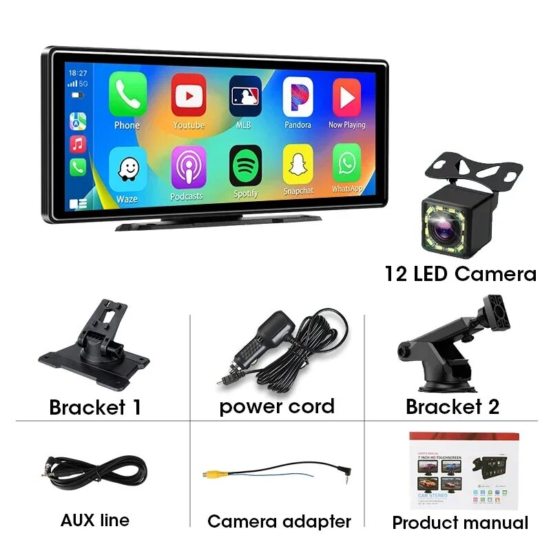 Универсальный экран 10,26 дюйма, автомобильный радиоприемник, мультимедиа, Wi-Fi, видеоплеер, беспроводной Carplay, Android Auto, двойной Bluetooth 5,0, FM-монитор USB, PAD Long 12 LED Cam