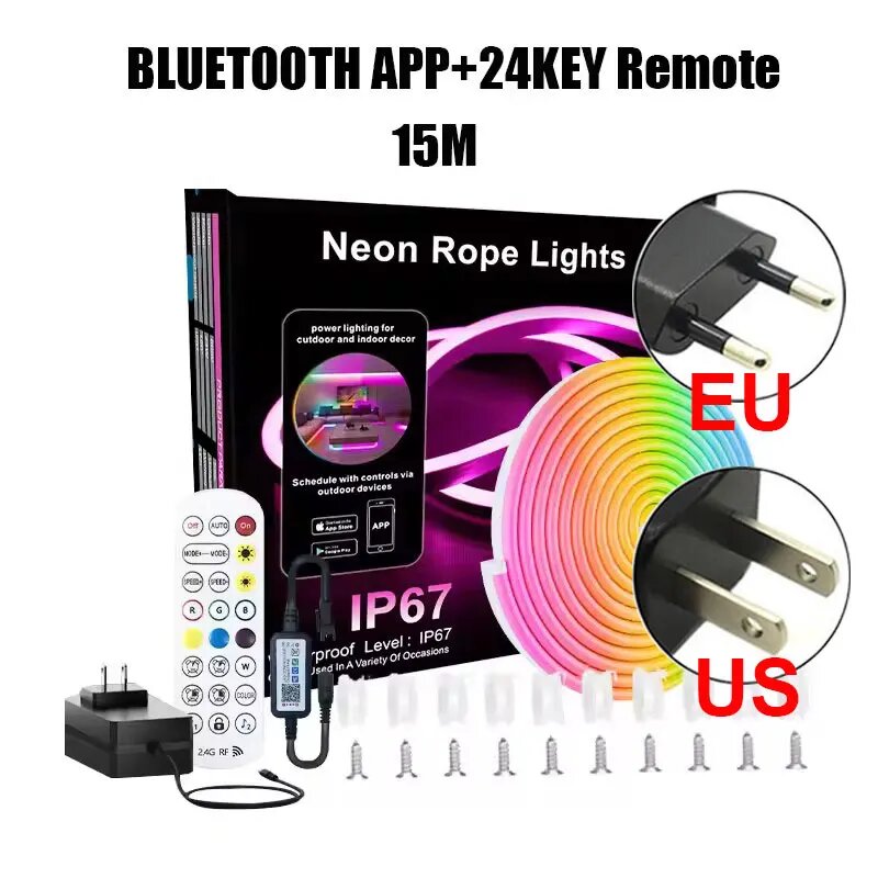 RGBIC Neon Rope Lights 15M, EU Plug, Bluetooth, 24Key Remote