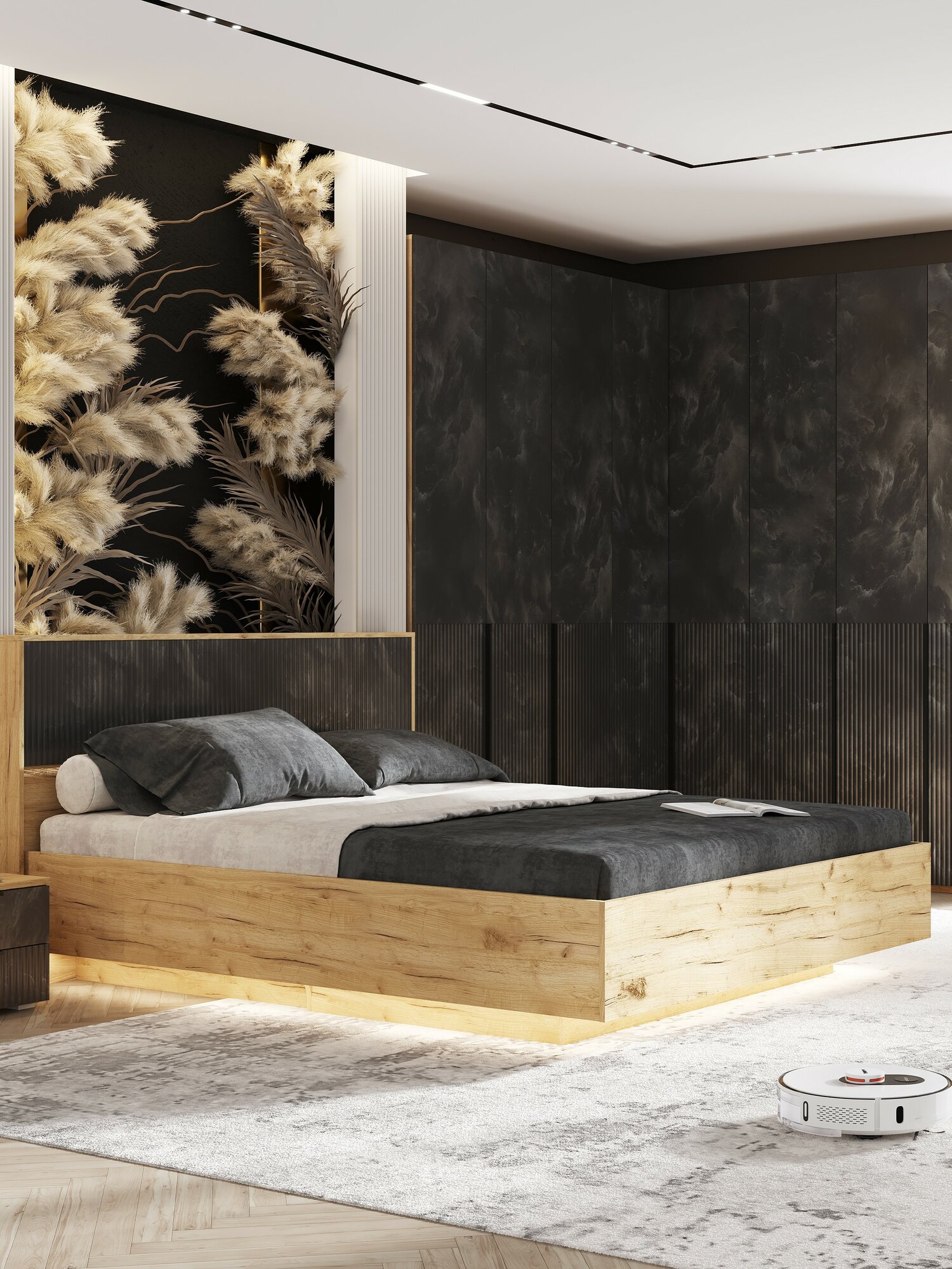 Кровать "Марвэл" парящая 160см, с подсветкой, ортопедическая металл, Мальта грей/Дуб Крафт