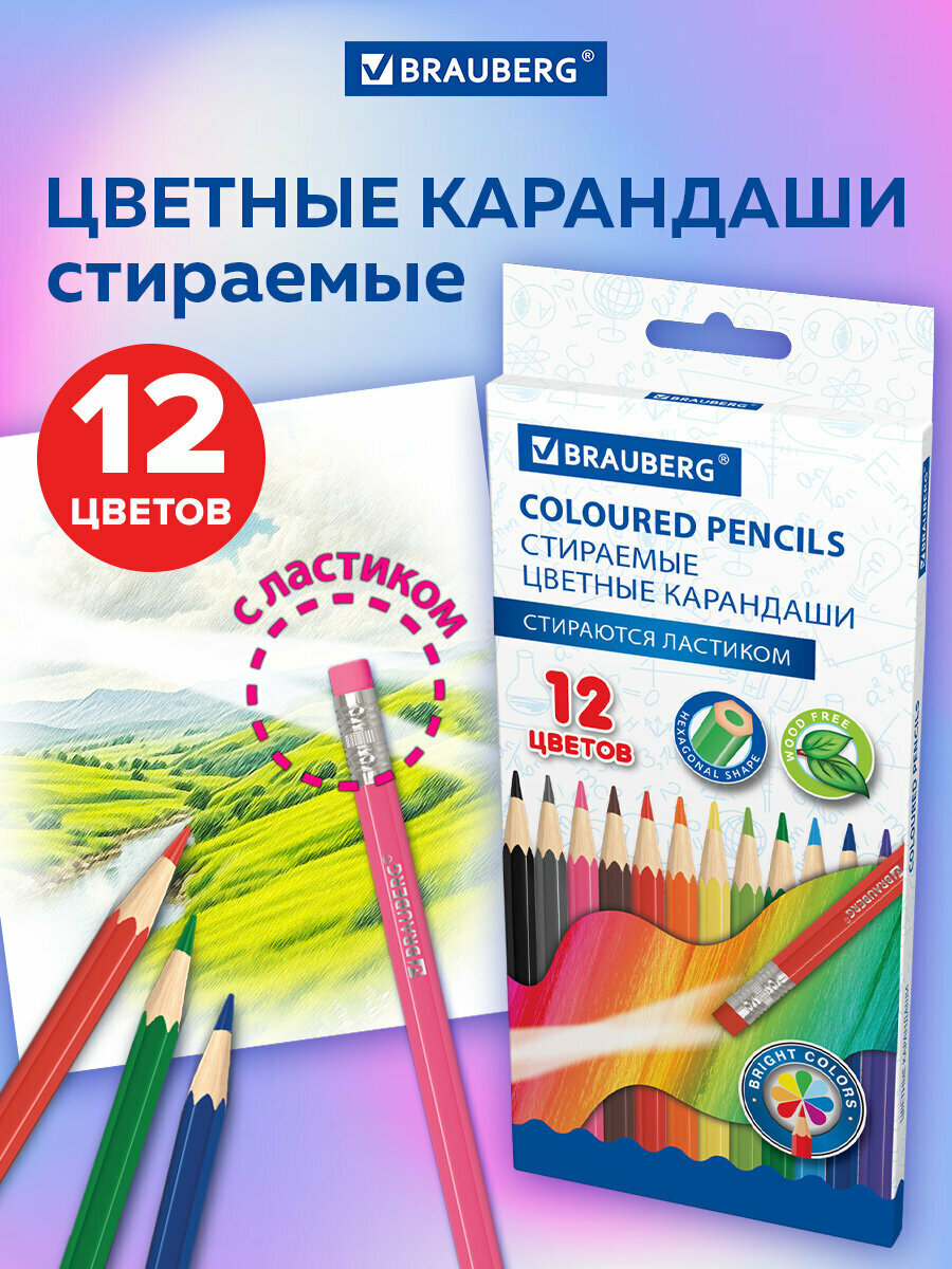 Карандаши цветные для рисования детям в школу, набор 12 цветов мягкие стираемые с ластиком, Brauberg, 182070