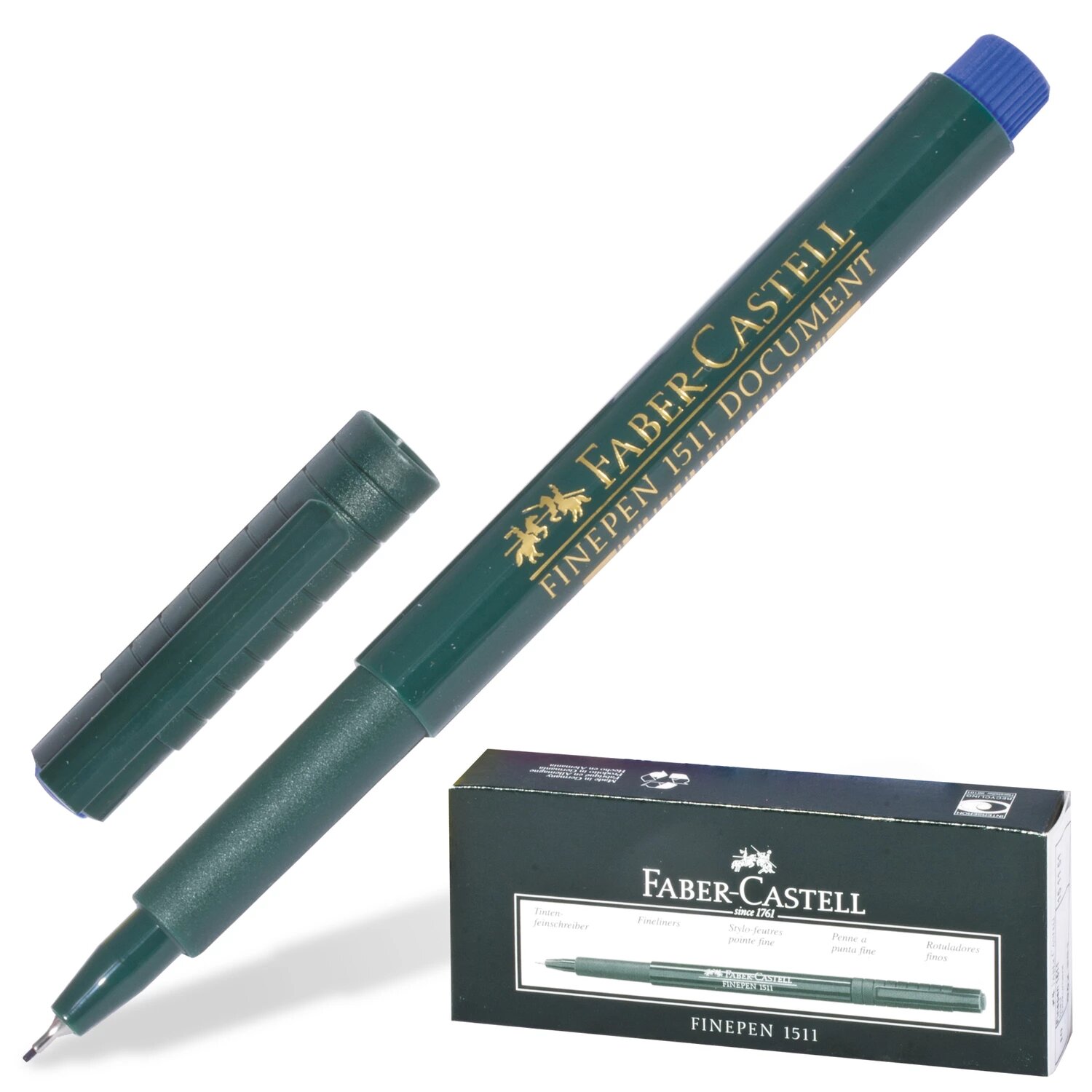 Ручка капиллярная (линер) FABER-CASTELL "Finepen 1511", синяя, корпус темно-зеленый, линия письма 0,4 мм, 151151, 2шт.