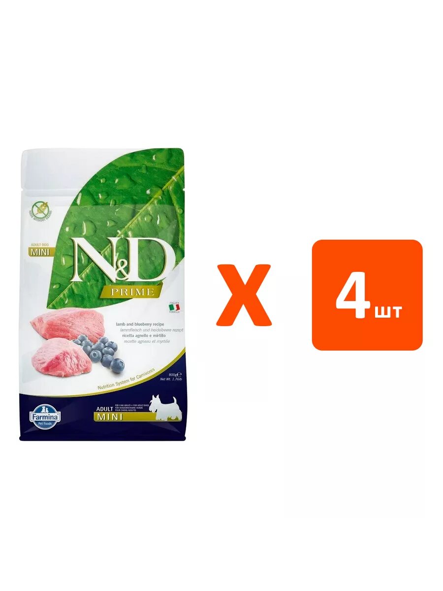 Корм сухой Farmina Dog N&D Prime Adult Mini Lamb & Blueberry для мелких собак с ягненком и черникой, 0,8 кг х 4 шт