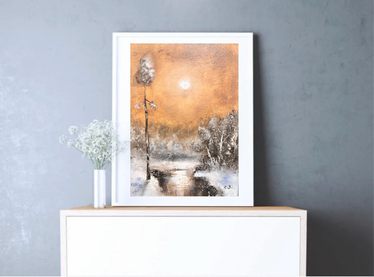 Картина маслом ручной работы на холсте на подрамнике: Лунный Пейзаж, для интерьера дома , размер 25х35 см