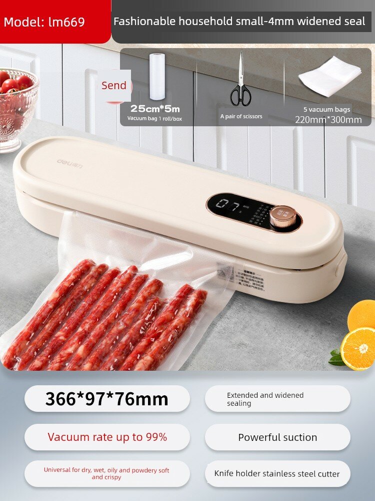 Вакуумный упаковщик LM669 с широким швом 4 мм, включает рулон вакуумных пакетов 5 м и ножницы для дома