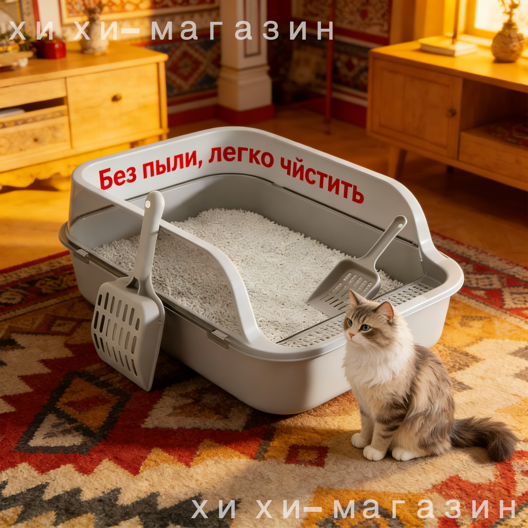 Кошачий туалет, лоток для кошек с высокими бортами 16 см, и совком для кошачьего туалетаСкидочные акции