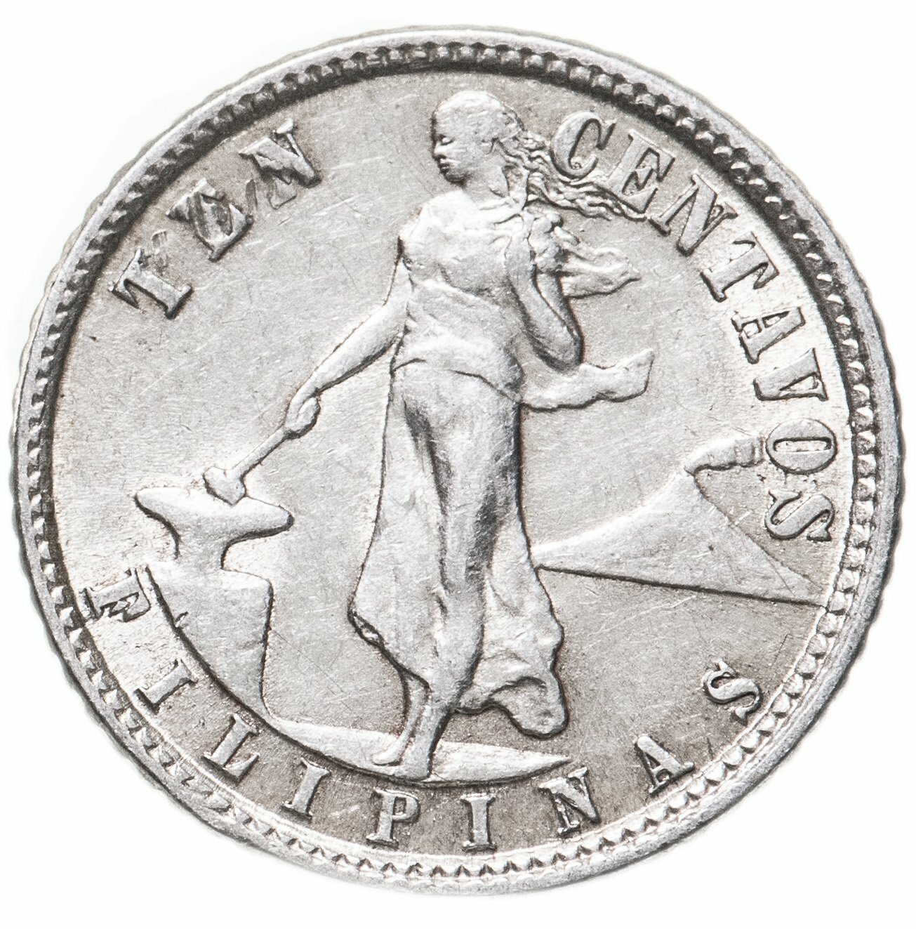 Филиппины 10 сентаво centavos 1945, Серебро 750, в сохранности XF-AU