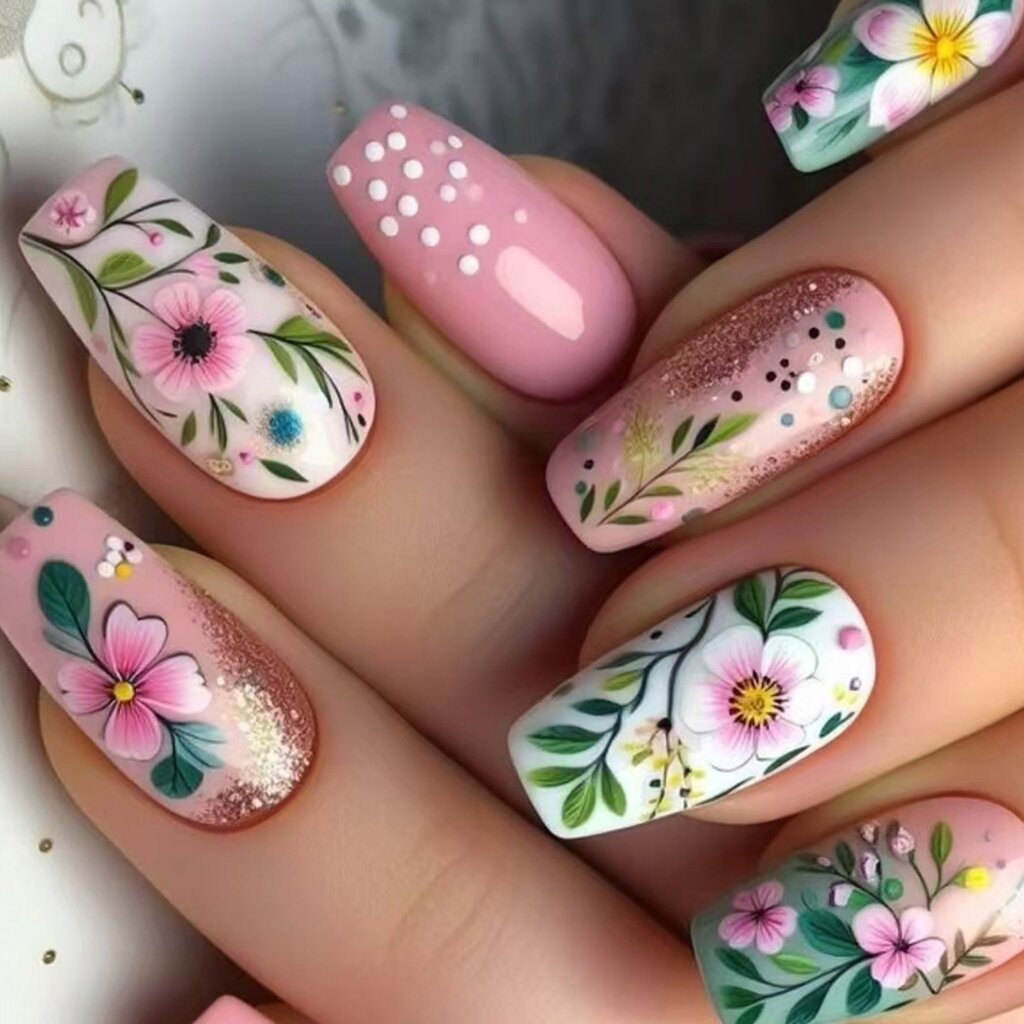 24шт Пресс На Ноготь Весенний Цветок Flase Для Ногтей Глянцевое Полное Покрытие Наклеивается На Гроб Для Ногтей Искусственный Маникюр Для Ногтей Для Женщин