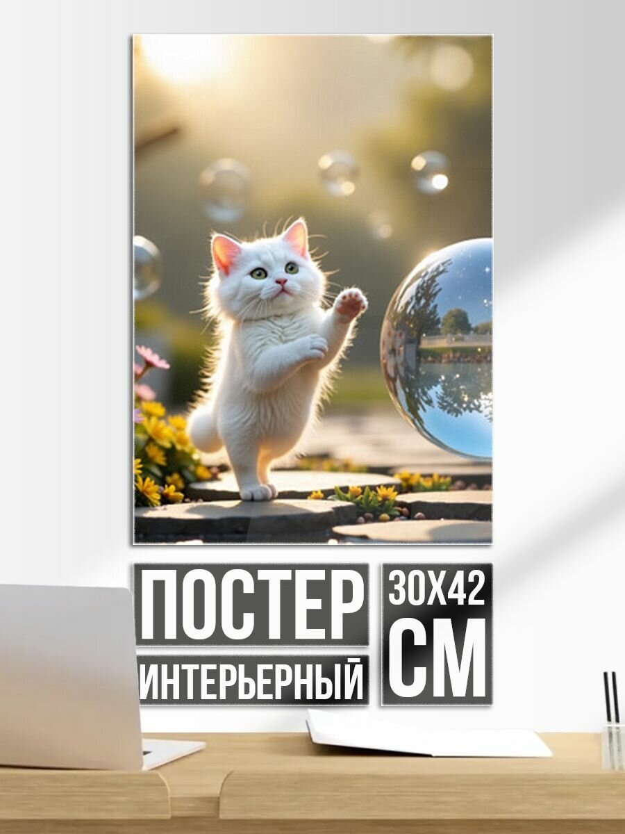 Постер на стену Белый котенок и мыльные пузыри