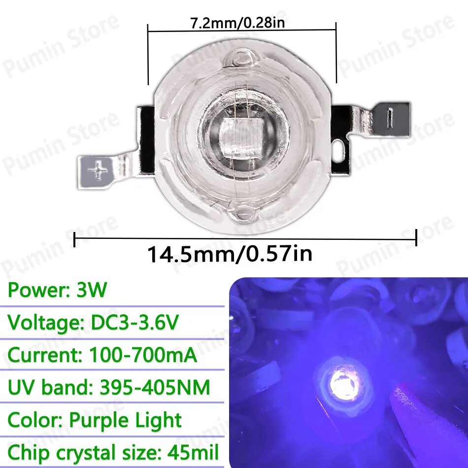 УФ-светодиоды 395-405 нм 3Вт 3В теплый свет с медным держателем warm and happy 3W 100pcs