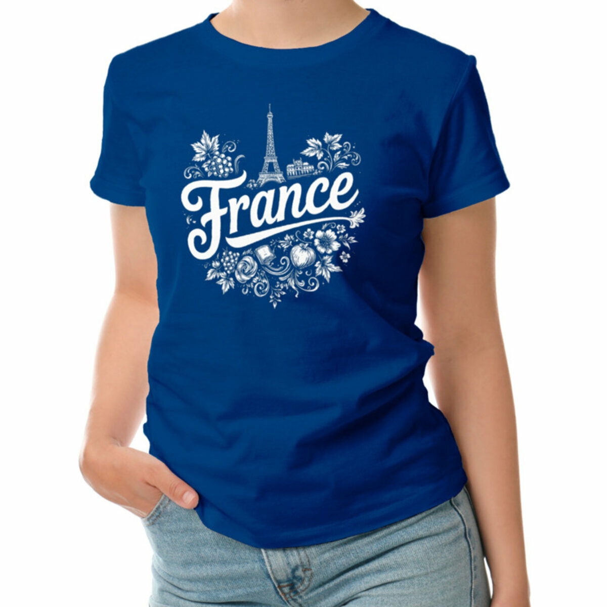 Женская футболка «Франция в орнаментальном стиле» (темно-синий, L)