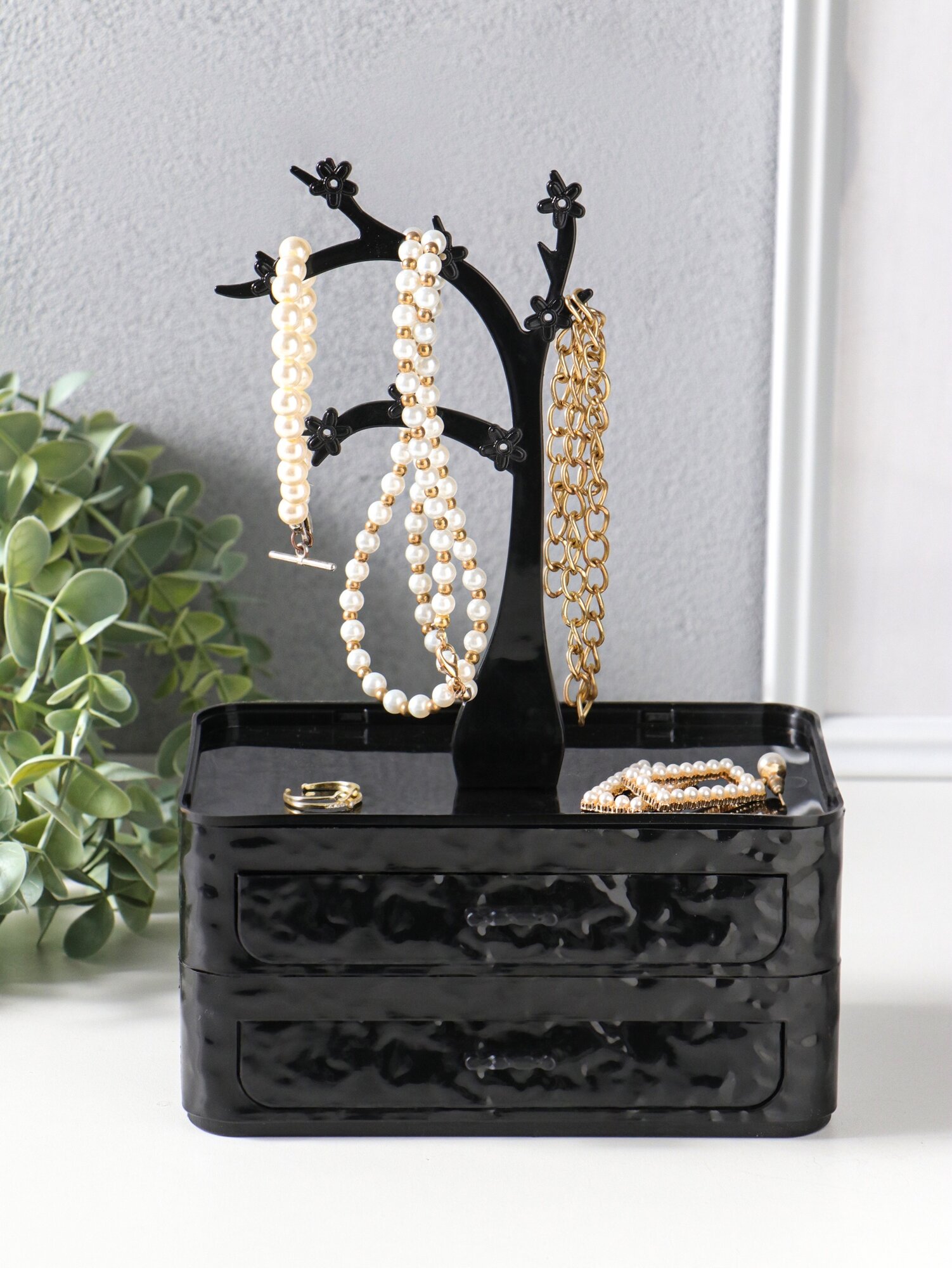 Шкатулка для украшений «Цветущее дерево», 2 яруса, 17.2×10.5×24 см, чёрная