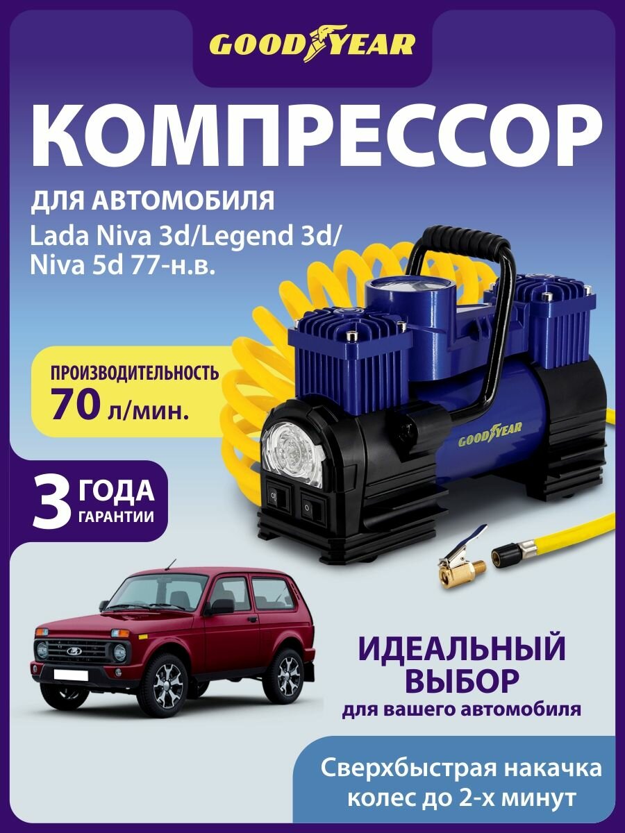 Компрессор автомобильный Goodyear 70 л/мин для подкачки шин. Насос для Lada Niva 3d/Legend 3d/Niva 5d (Лада Нива 3д, Легенд 3д, Нива 5д) от АКБ, мешок для хранения. Гарантия 3 года!