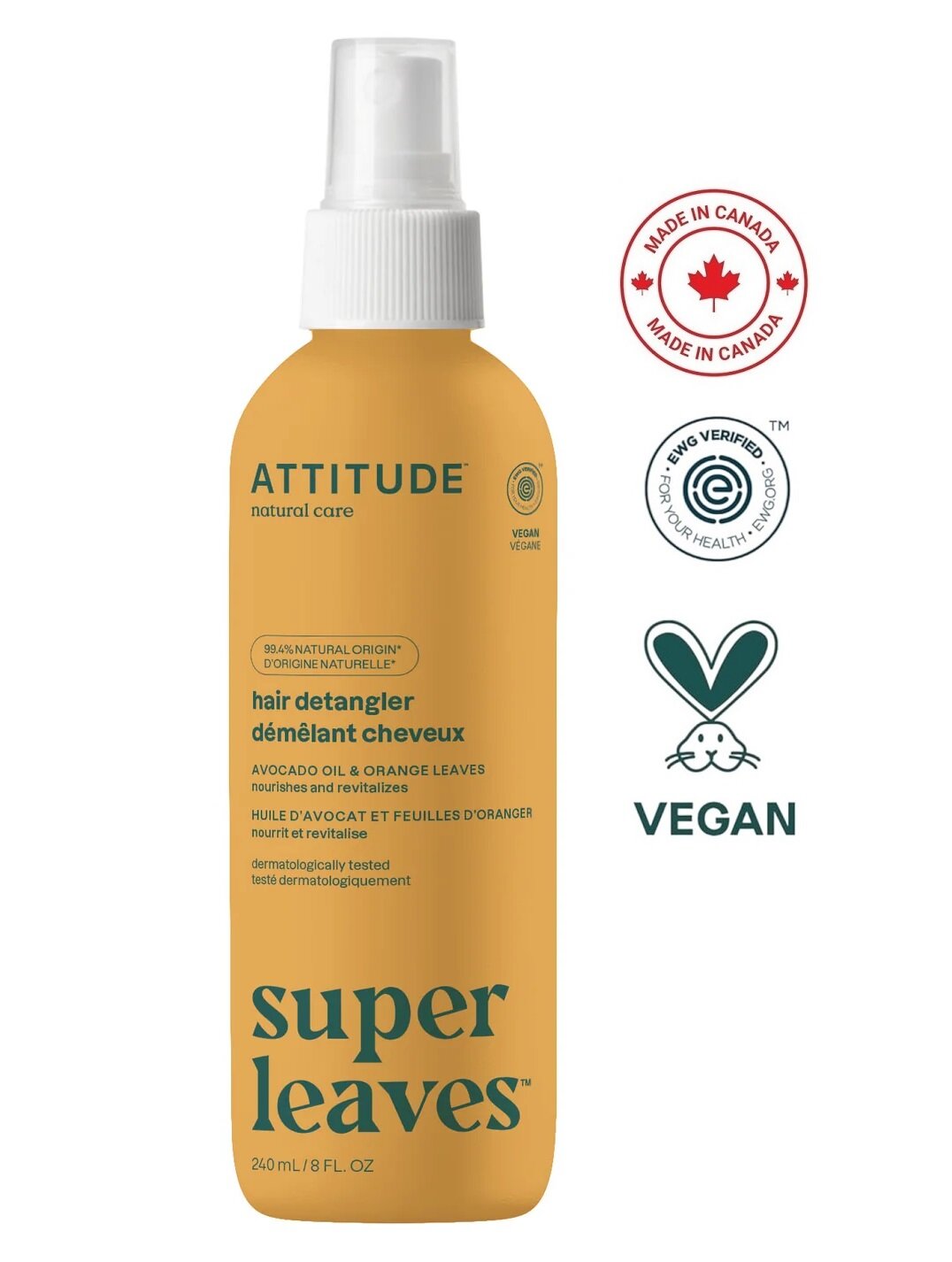 ATTITUDE Спрей для распутывания волос Avocado oil & Orange leaves (Масло авокадо и Листья апельсина) 240 мл, Канада