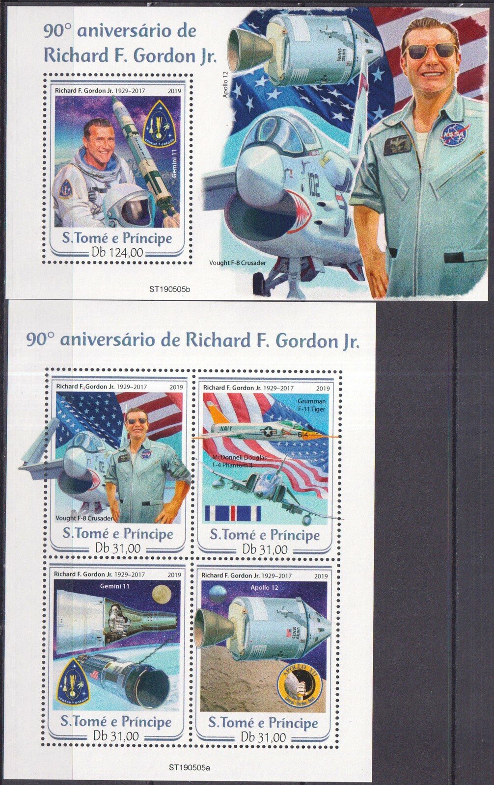 Марки 2019 год Сан-Томе и Принсипи Космос Ричард Ф. Гордон NASA #8426-9+Bl1536 Mnh