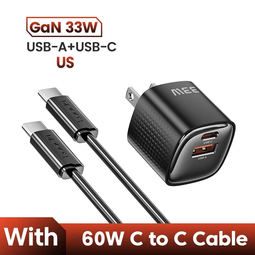 Зарядное устройство Toocki C22 Mini 33W GaN USB-C PPS PD3.0 для быстрой зарядки iPhone US with Cable