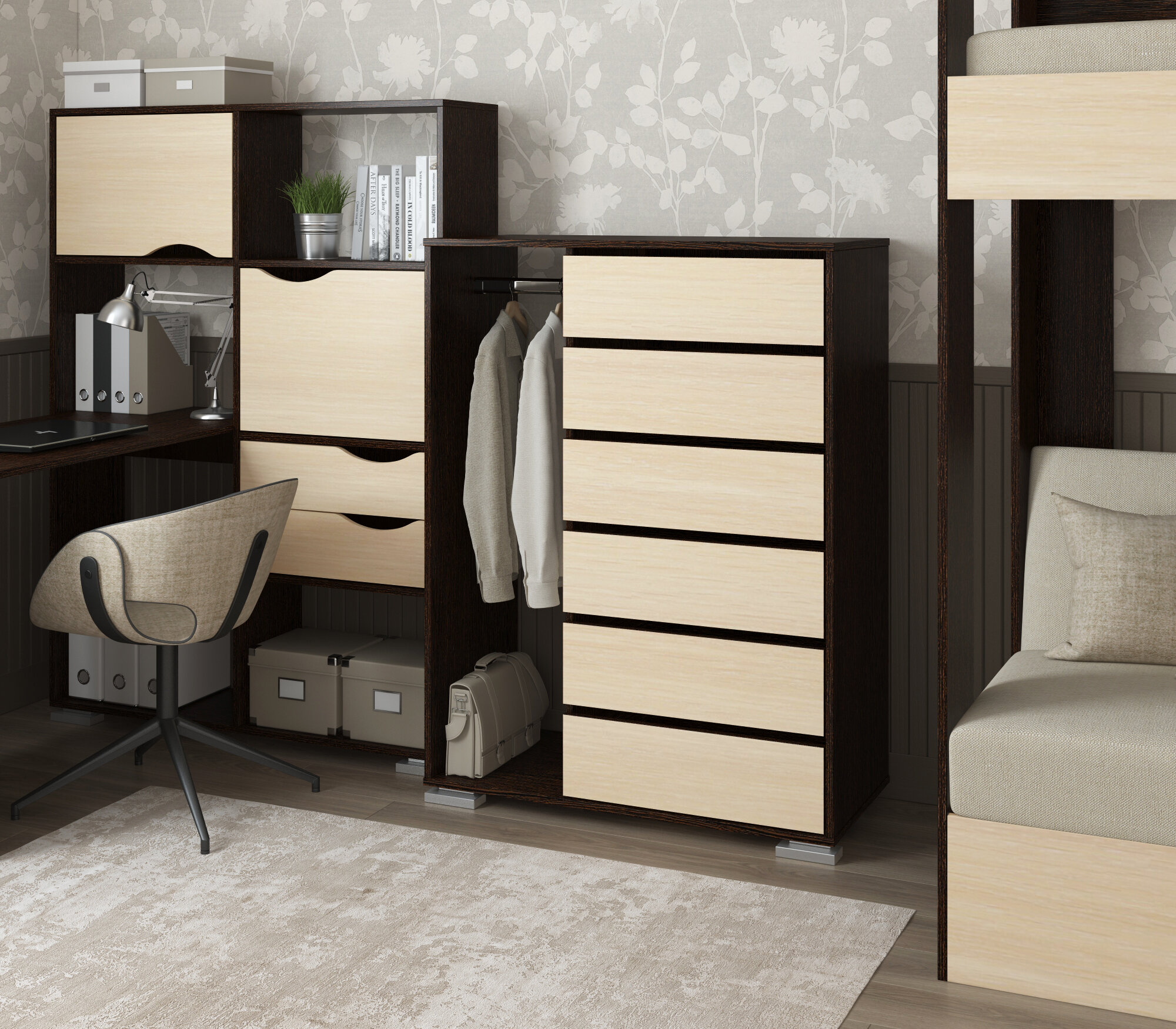 Шкаф, комод, шкаф-комод с ящиками, со штангой Есэндвич L Лаворо, 100х50х120 см, правый (Венге/Выбеленный Дуб)