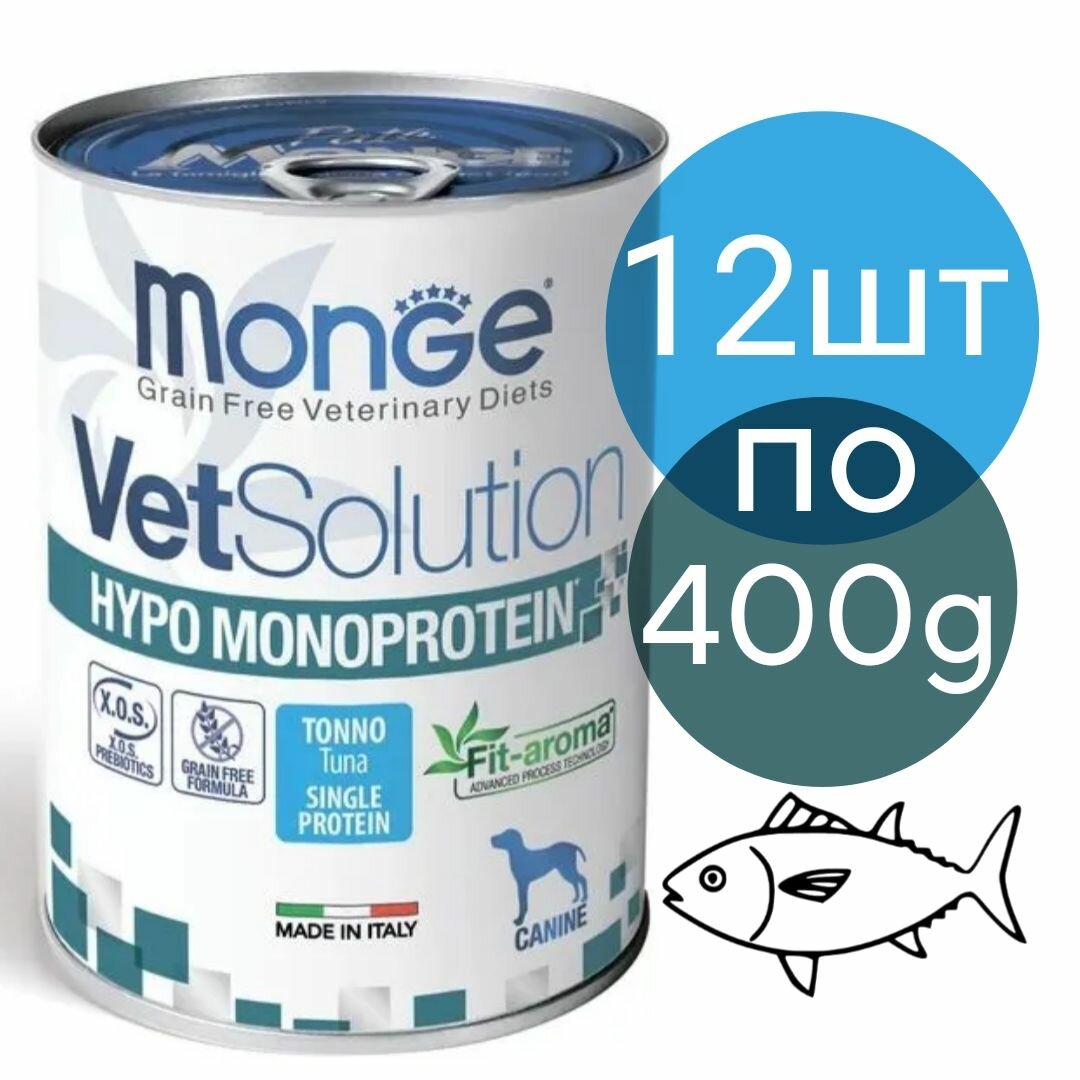 Влажный корм Monge VetSolution HYPO MONOPROTEIN для собак, при пищевой непереносимости , со вкусом тунца (12шт по 400г)