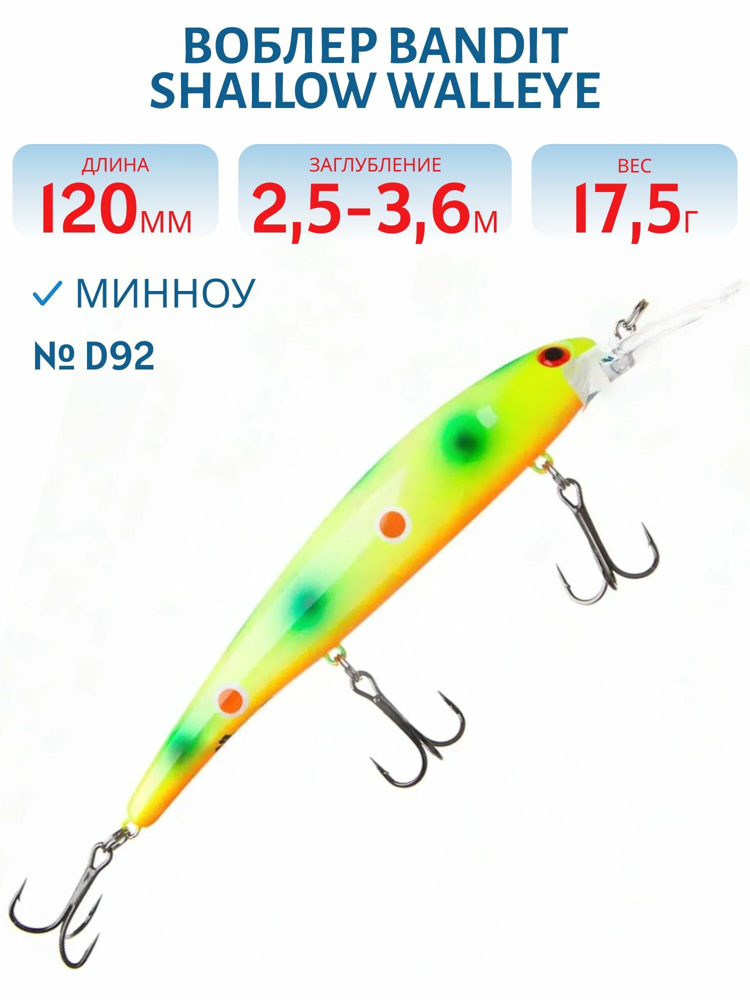 Воблер BANDIT SHALLOW WALLEYE, 120 мм, 17,5 гр, цвет D92