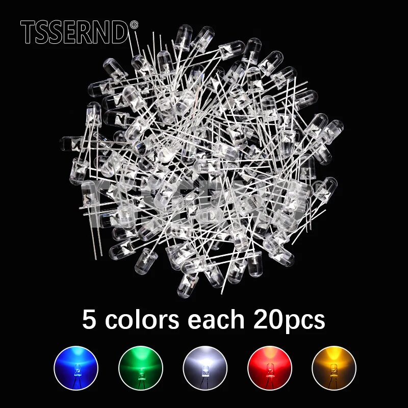 Набор светодиодов F5 5мм 100шт Clear 5ColorsX20 KIT
