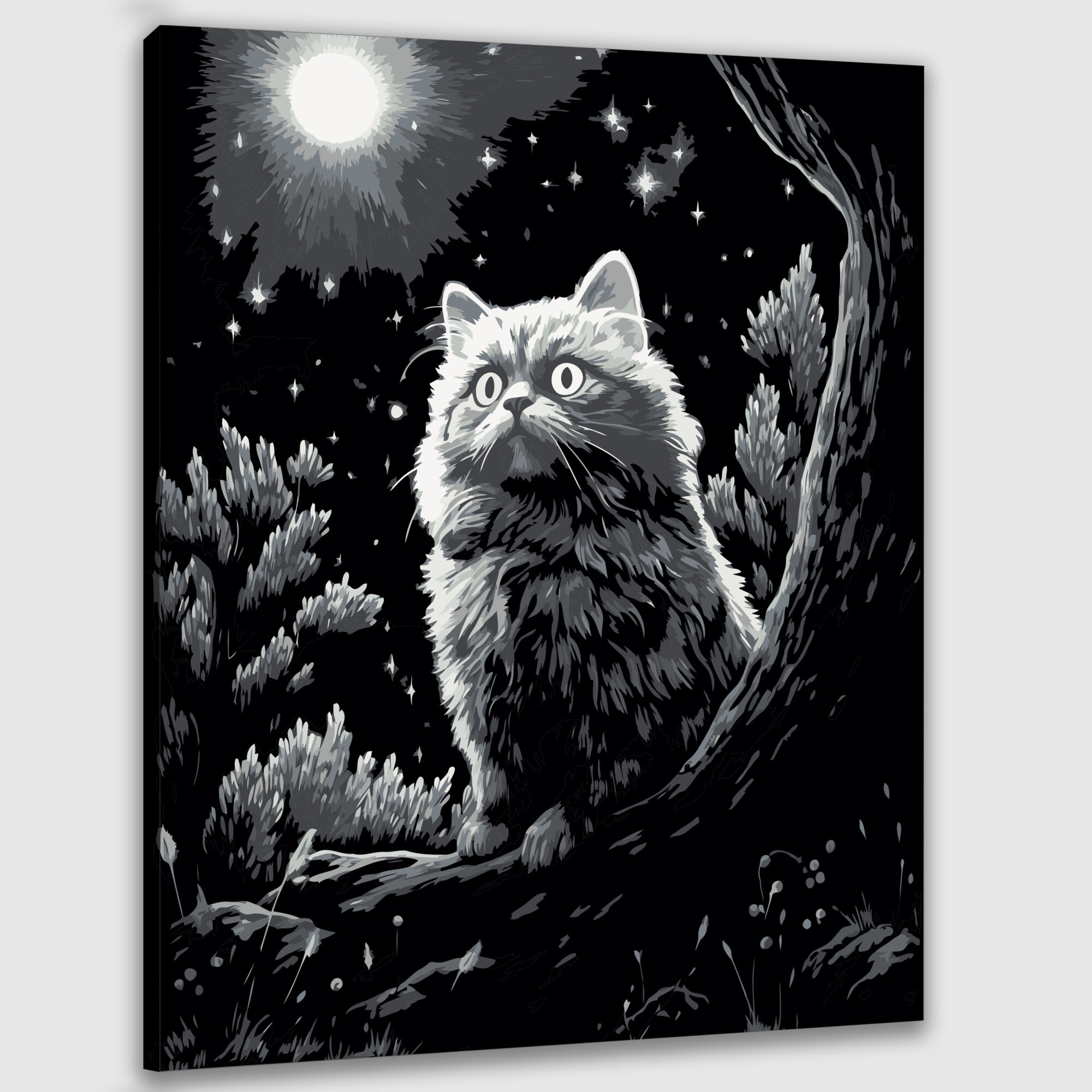 Картина по номерам 40x50 см, манул, тушь, штриховка, прыжок, ветви, лес, лунный свет, тени, подстилка, таинственность