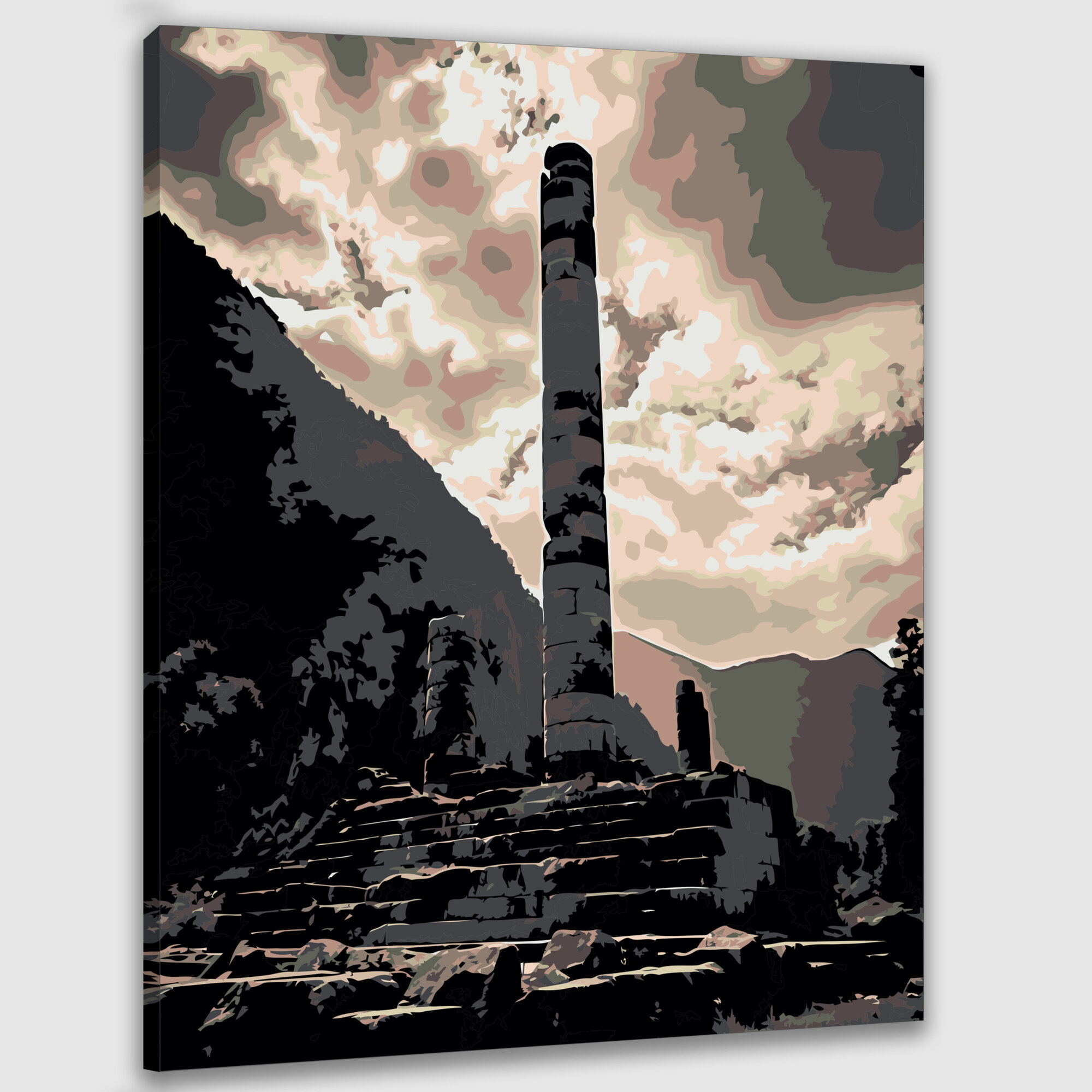 Картина по номерам 40x50 см, черно-белая фотография, храм Аполлона, Дельфы, облачное небо, монохромные тона