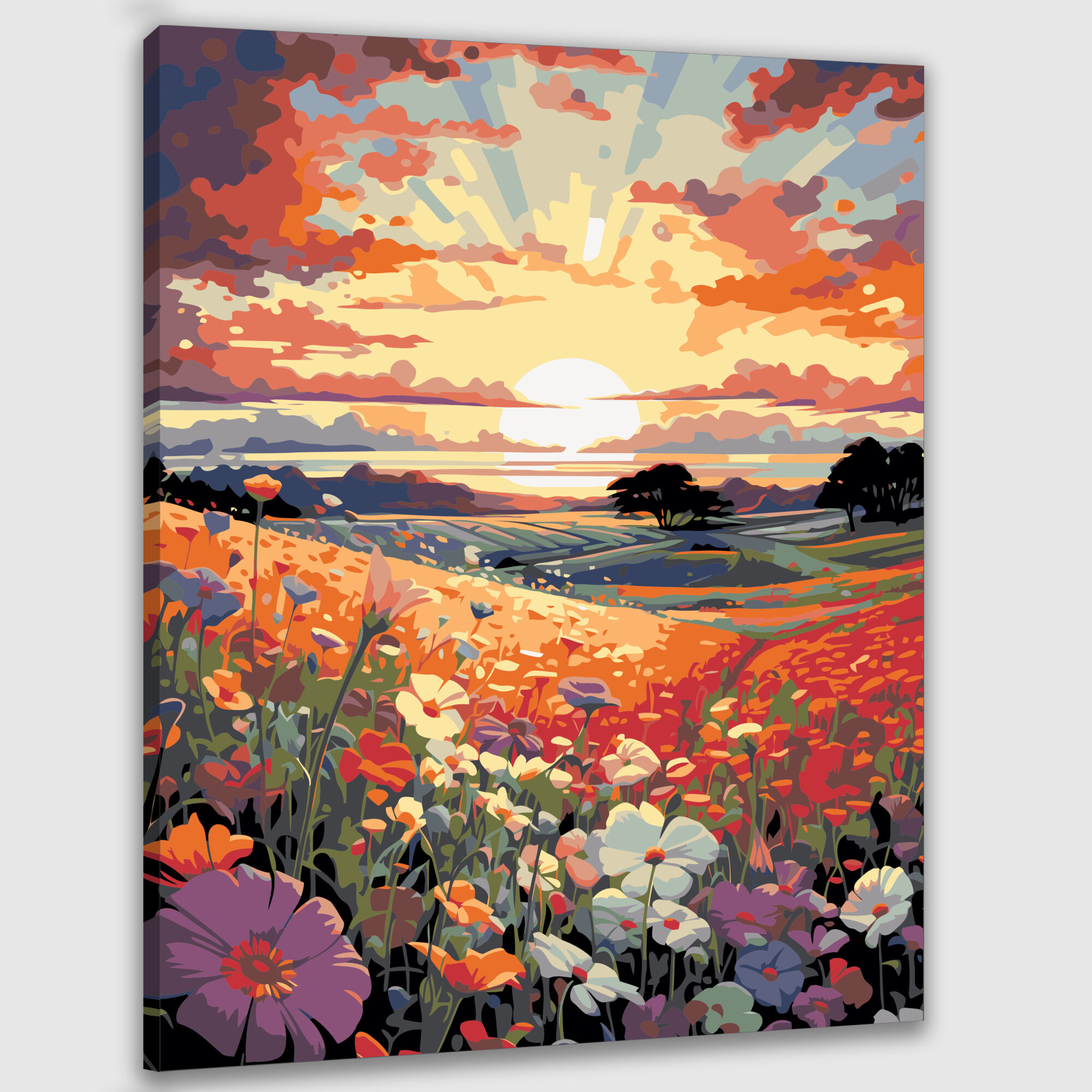 Картина по номерам 40x50 см, закат, поле, цветы, мозаика, холмы, оттенки, красота, фотография, пейзаж, безмятежность