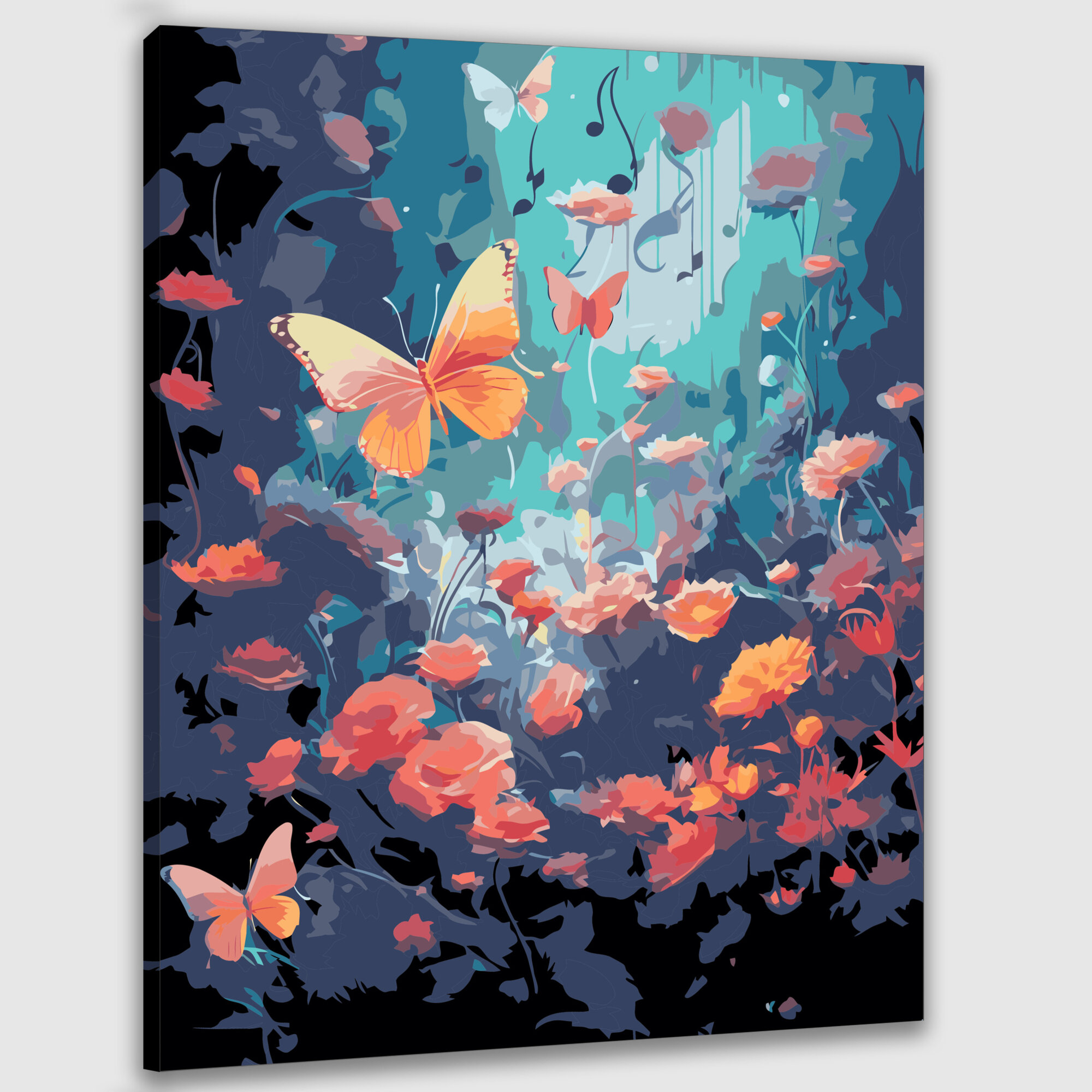 Картина по номерам 40x50 см, цифровая иллюстрация, волшебная сцена, музыкальные ноты, яркие бабочки