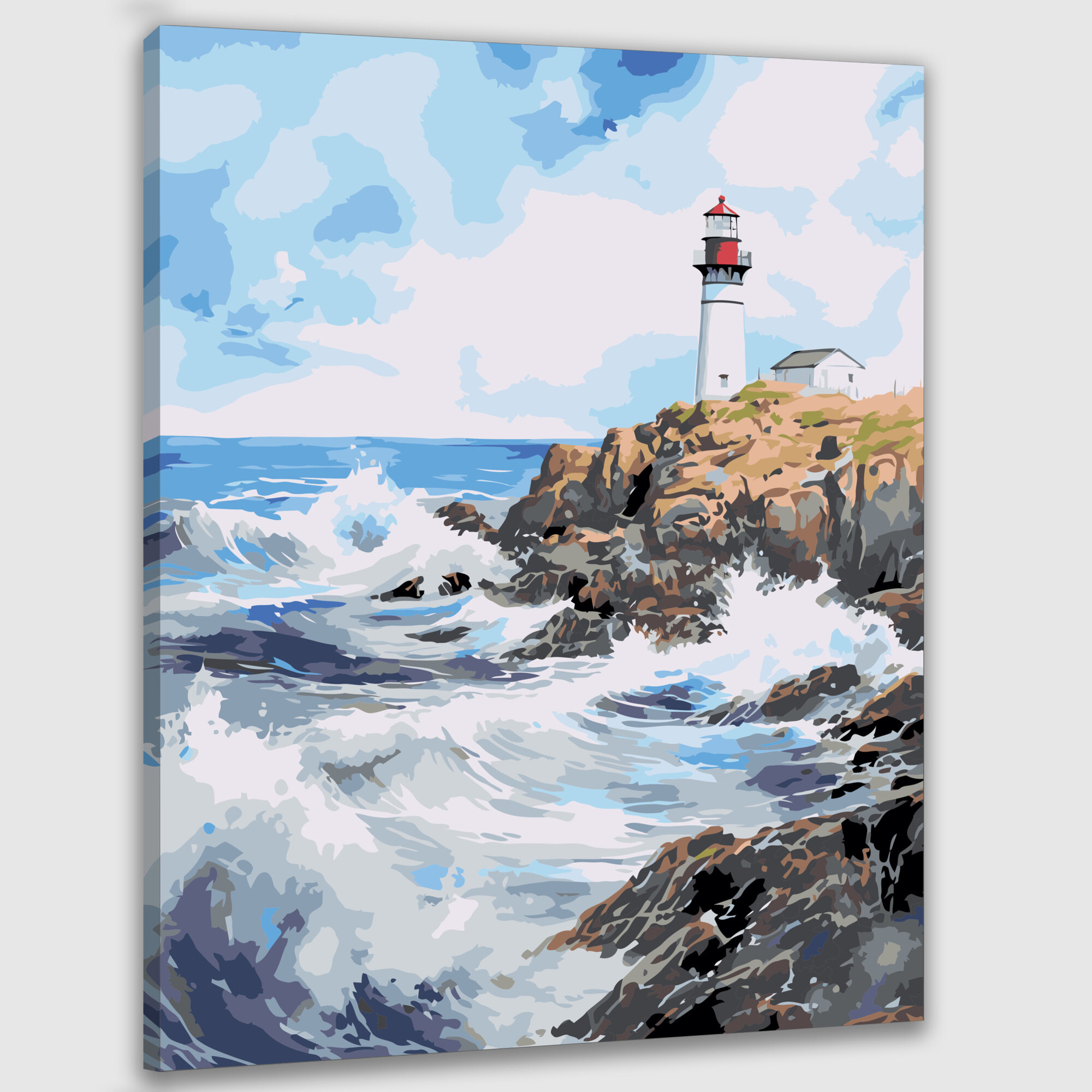 Картина по номерам 40x50 см, маяк, скалистый утес, синее море, волны, берег, пейзаж, спокойствие, красота