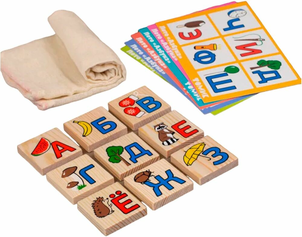 Деревянный развивающий набор "Лото. Азбука", 36 деталей с буквами и картинками, обучающая игра для детей, учим алфавит и слова