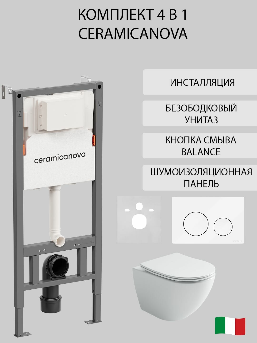Унитаз с инсталляцией Ceramicanova Метрополь (Metropol) CN4002T, Баланс (Balance), кнопка Круг, белый, смыв Tornado