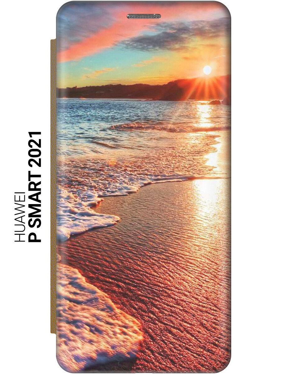 Чехол-книжка на Huawei P Smart (2021), Хуавей П Смарт (2021) с 3D принтом "Залитый светом пляж" золотой
