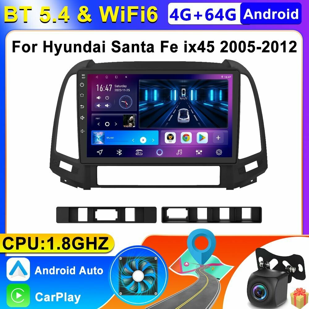 Штатная магнитола для Hyundai Santa Fe 2 (2006-2012) (Хендай Санта Фе 2 ) на Андроид 4/64 2 din