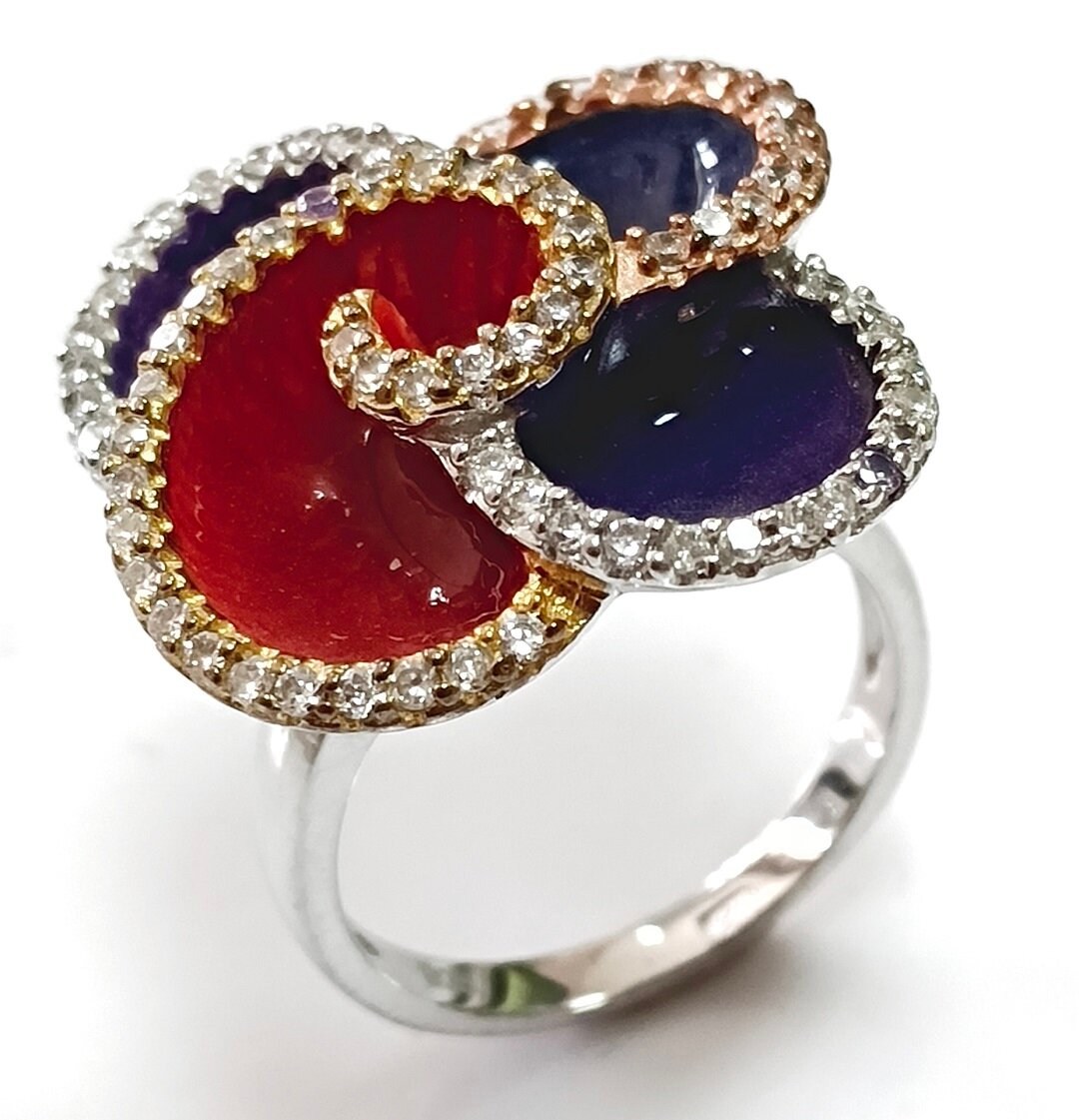 Перстень, серебро, 925 проба, родирование, эмаль, фианит