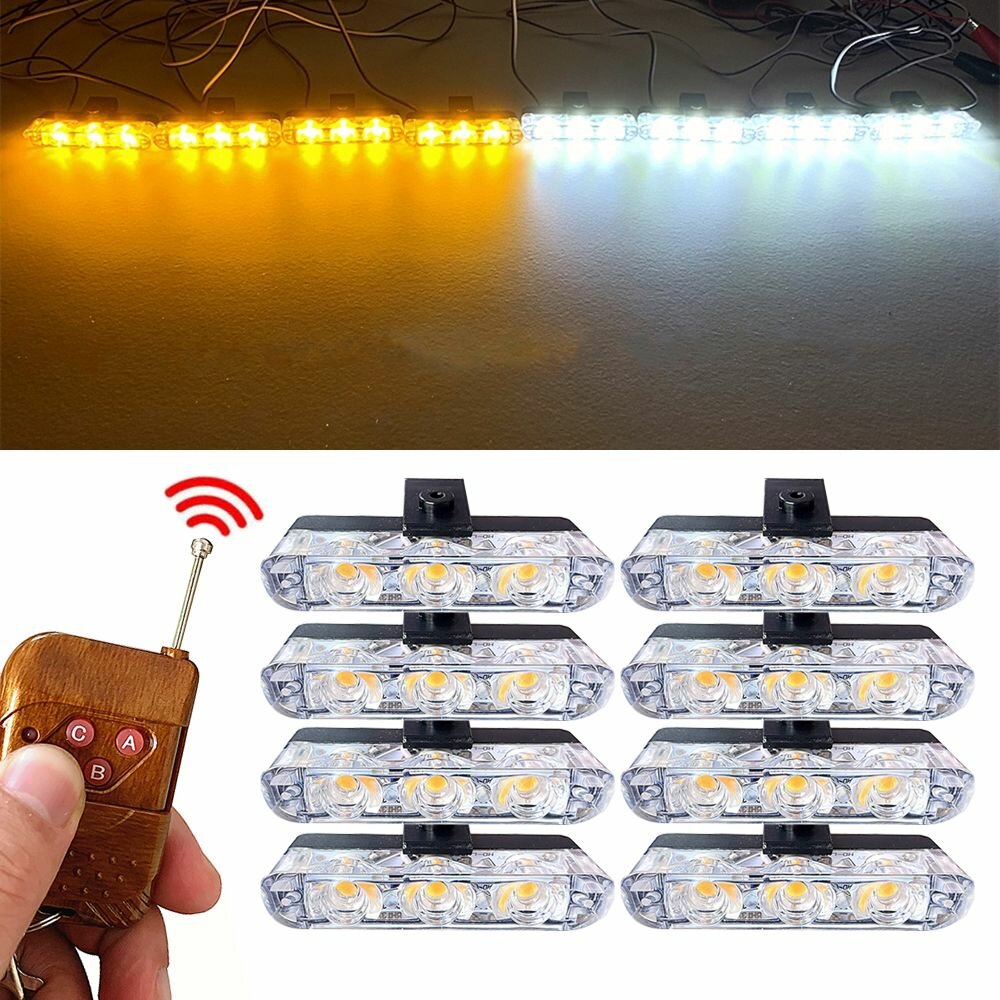 Светодиодный стробоскоп для авто 12V 3LED — проблесковый маячок жёлтый, комплект 8 шт, автомобильный LED аксессуар