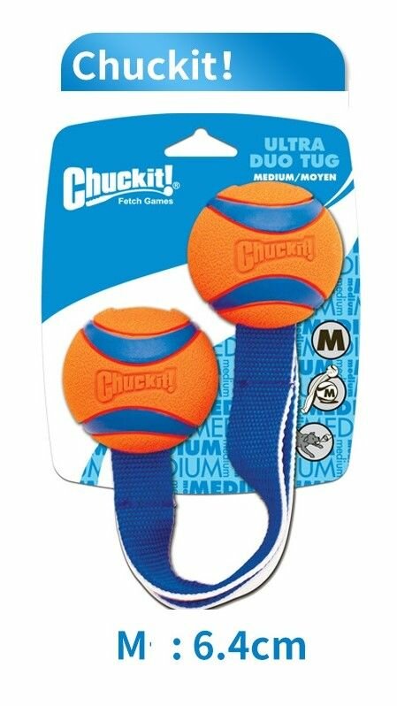 Игрушка для собак CHUCKIT! ULTRA DUO TUG, два мяча с ремешком для захвата, размер мячей M - 6,4 см.