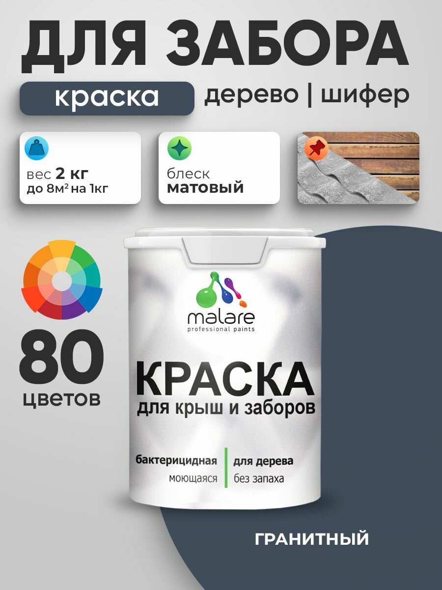 Акриловая краска Malare для деревянного забора/ по дереву для наружных и внутренних работ/ быстросохнущая моющаяся без запаха, матовая, гранитный, 2 кг.