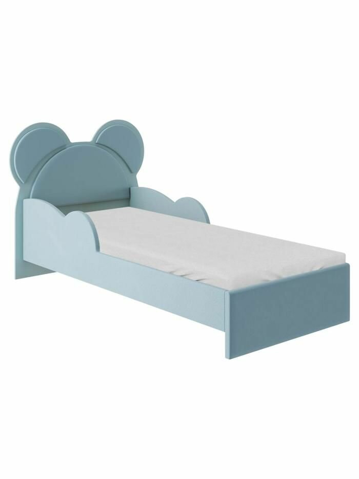 Детская односпальная кровать Джерси Мишка 90х200 см, деревянная, с основанием настил, Скай матовый / Мята